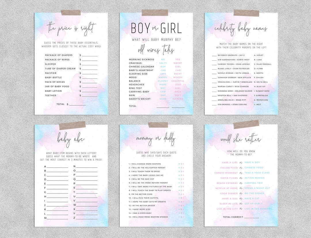 Gender Reveal Game Templates Bundle, Baby Shower Games Instant Download ...