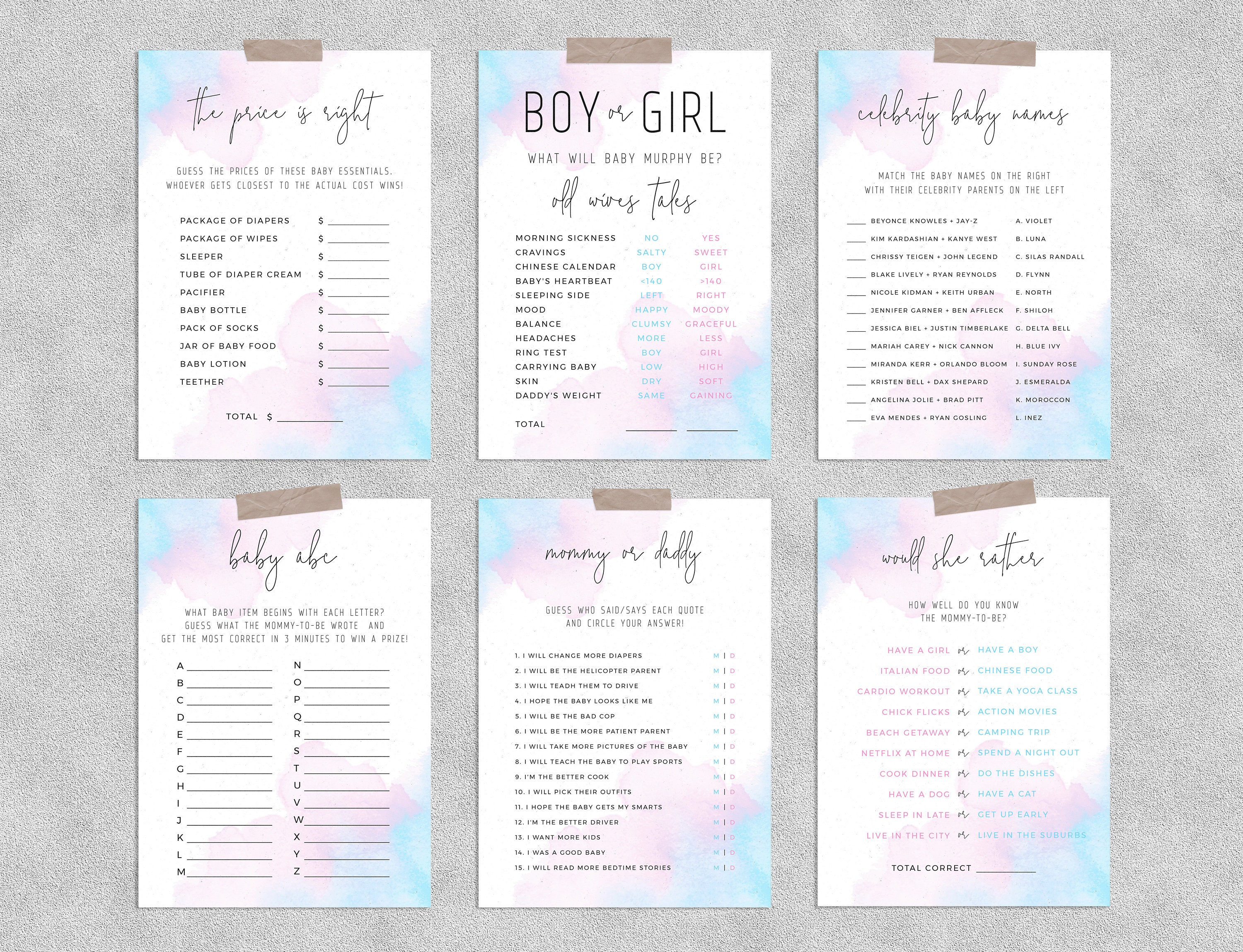 Gender Reveal Game Templates Bundle, Baby Shower Games Instant Download ...