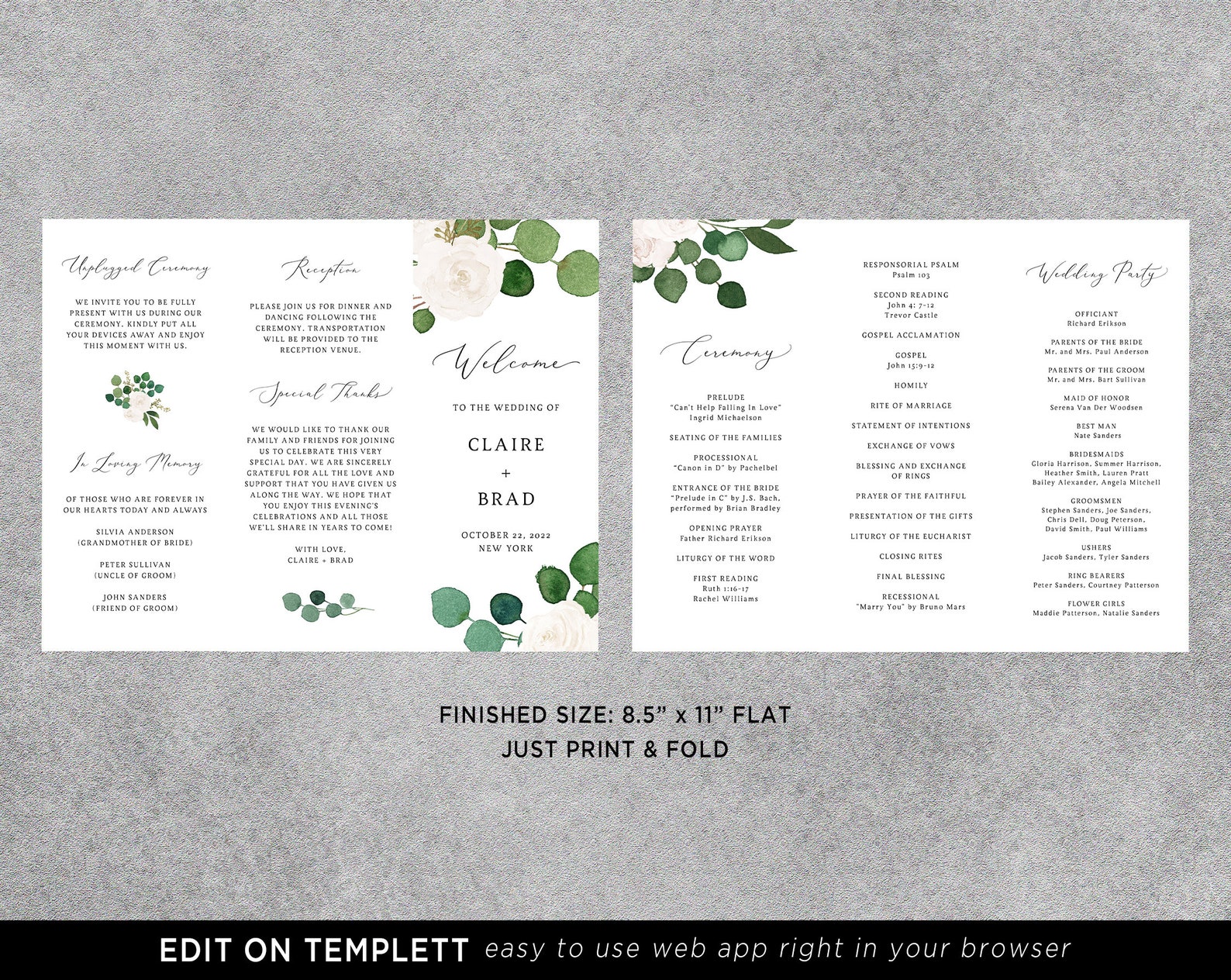 Tri-fold Greenery Wedding Program Template Printable Folded | Etsy