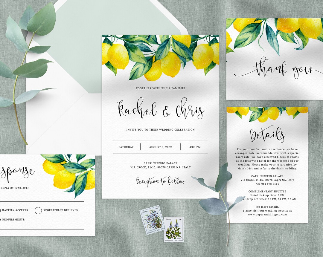 Lemon Wedding Invitation Template, Printable Citrus Wedding Invitation ...