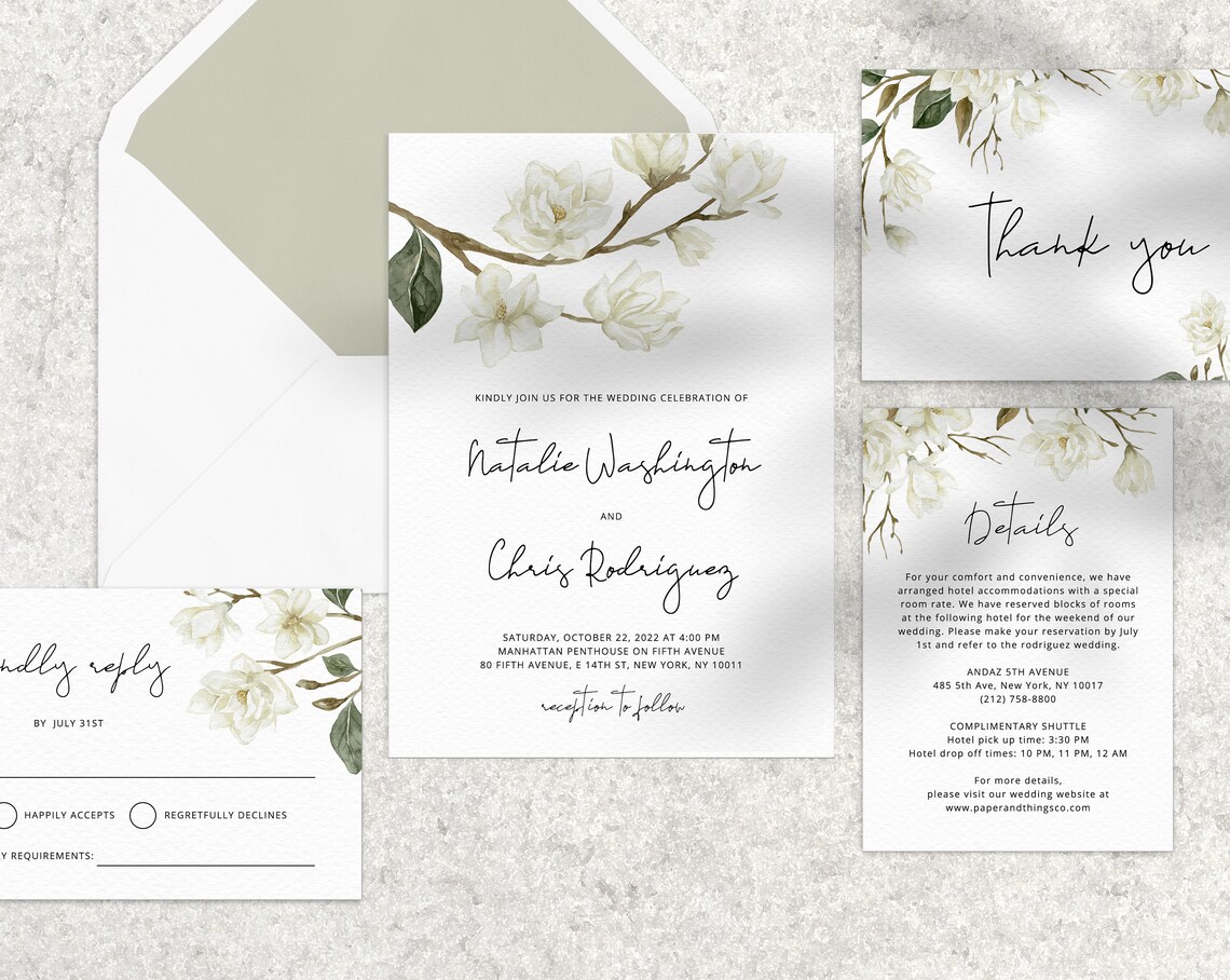 Magnolia Wedding Invitation Template, Printable Wedding Invitation ...
