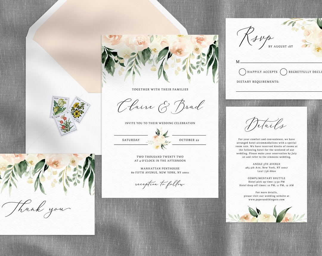 Blush & Ivory Floral Wedding Invitation Template, Printable Wedding ...