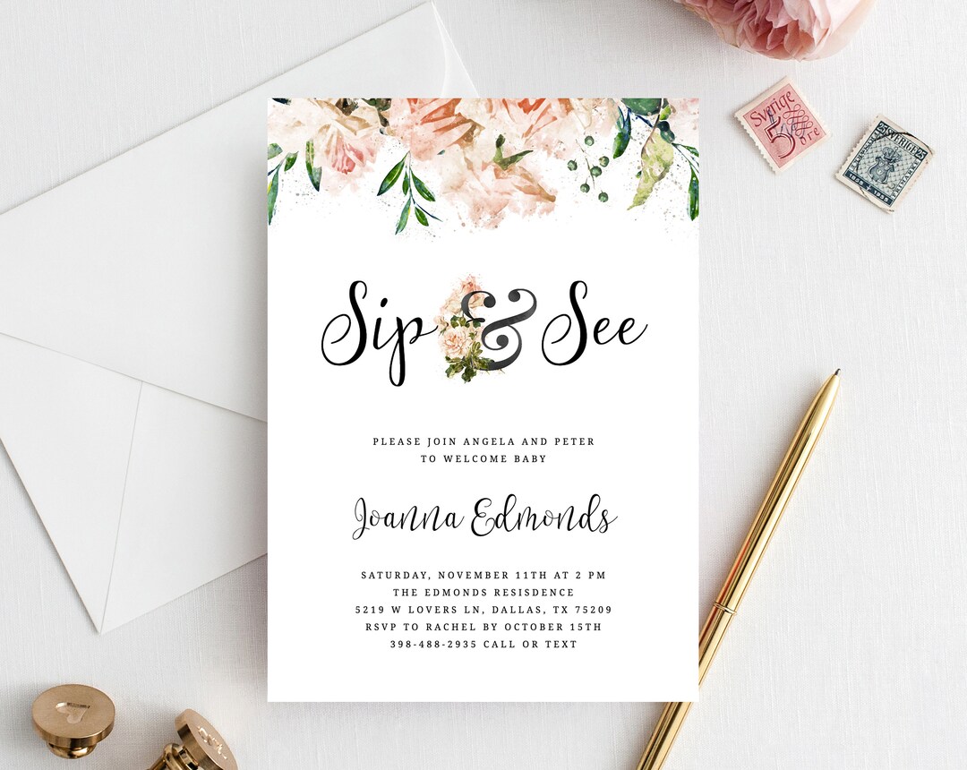 Editable Sip & See Invitation Template, Printable Floral Sip and See ...
