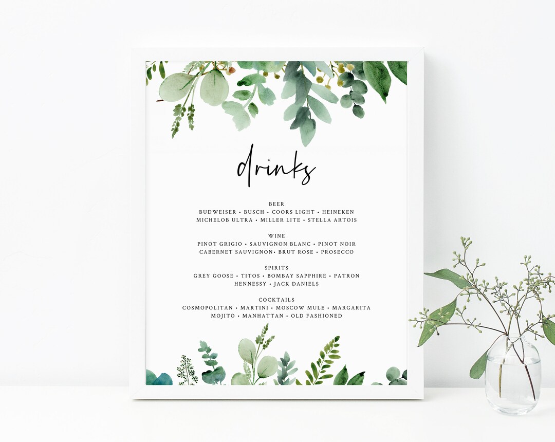 Greenery Bar Menu Sign, Botanical Garden Wedding Bar Sign Printable ...