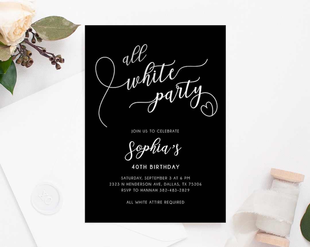 All White Party Invitation Template, White Birthday Party Invitation ...