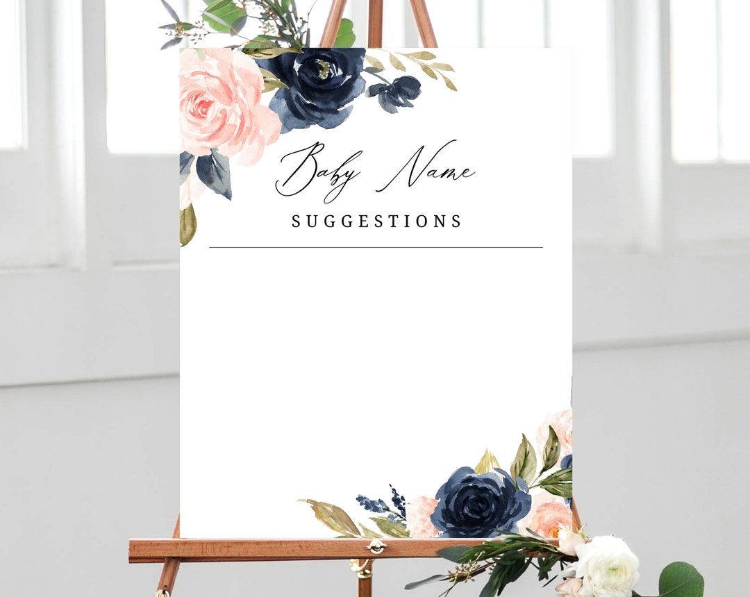 Baby Name Suggestions Sign Template, Gender Reveal Game, Navy and Blush ...