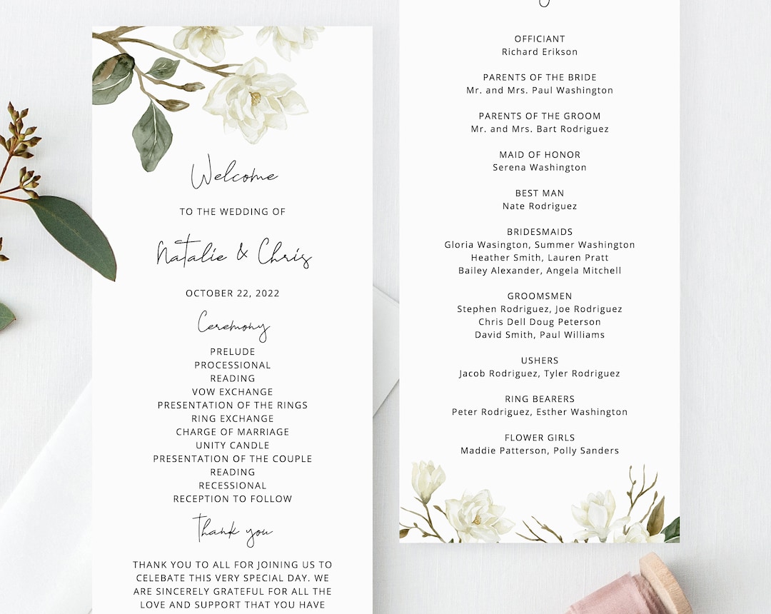 Magnolia Wedding Program Template Printable Wedding Program - Etsy