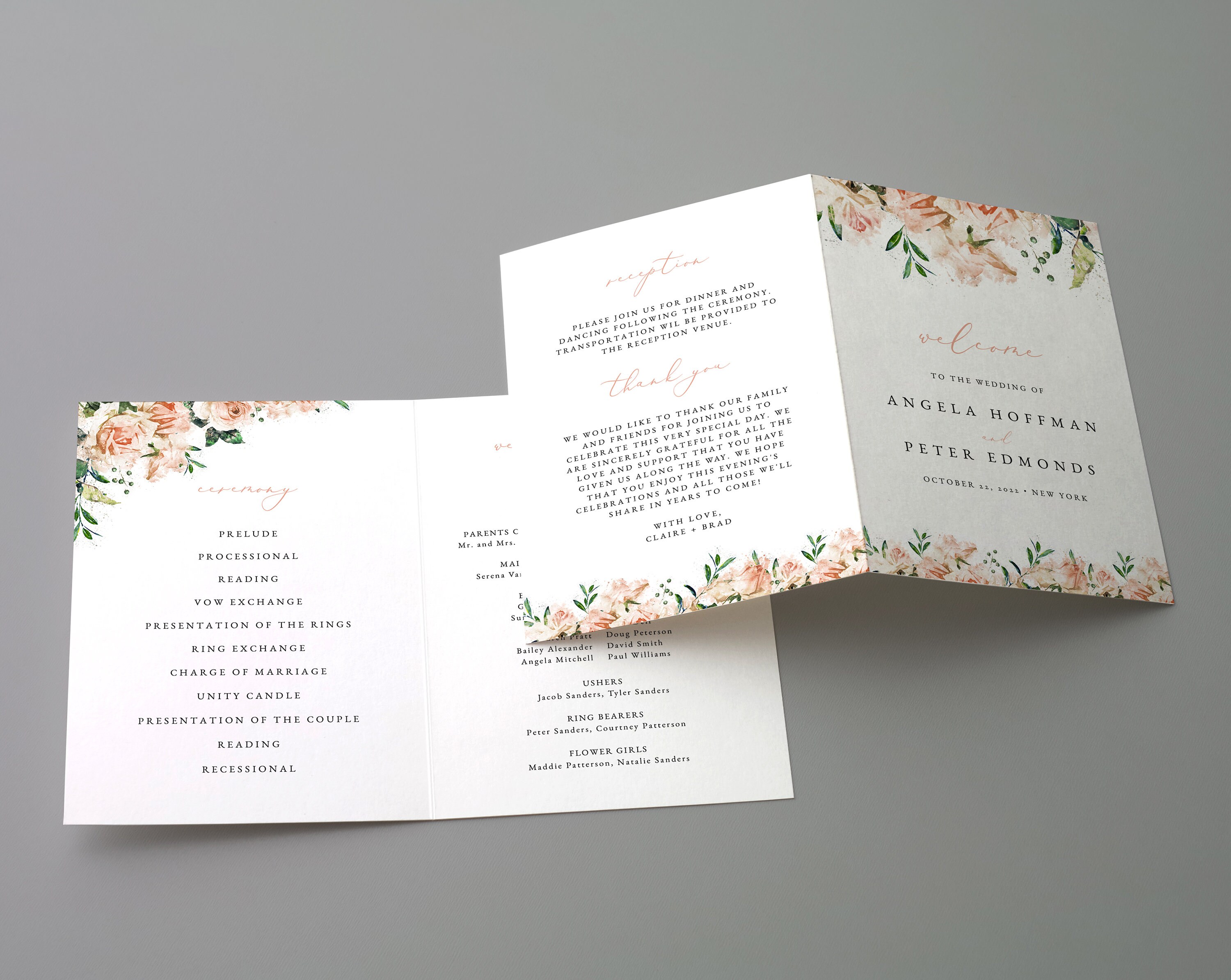Bi-Fold Blush Floral Wedding Program Template Printable | Etsy