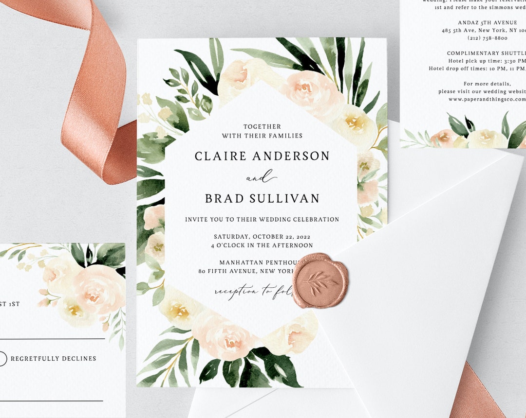 Blush & Ivory Floral Wedding Invitation Template, Printable Wedding ...