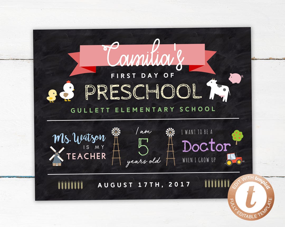 INSTANT DOWNLOAD Printable First Day of School Sign, Farm Preschool ...