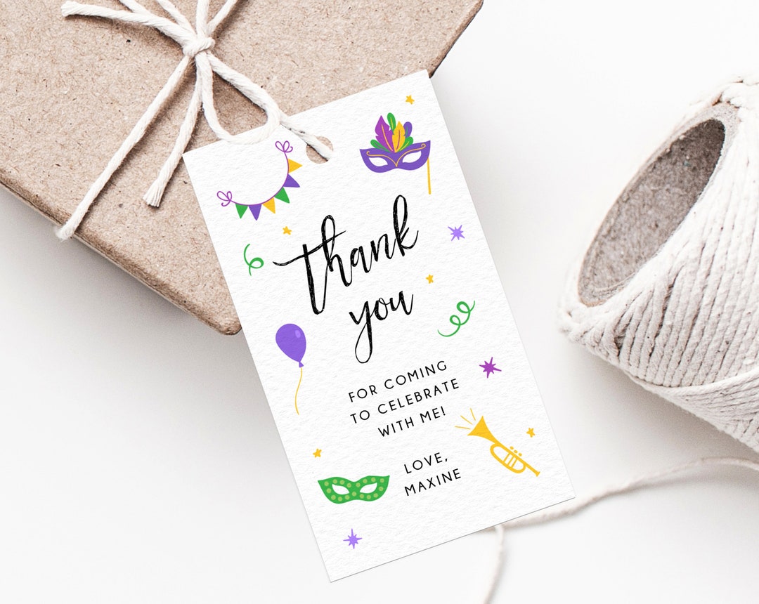 Mardi Gras Party Favor Tag Template, Mardi Gras Birthday Thank You Tag ...