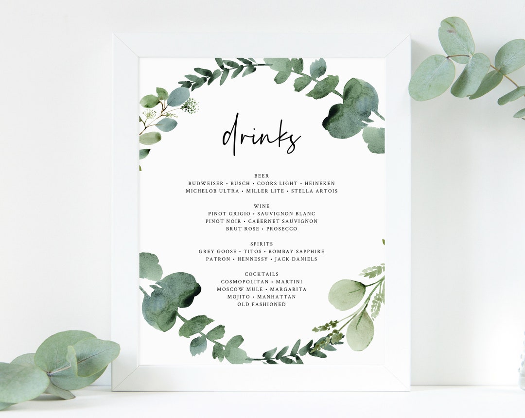 Greenery Bar Menu Sign, Botanical Garden Wedding Bar Sign Printable ...