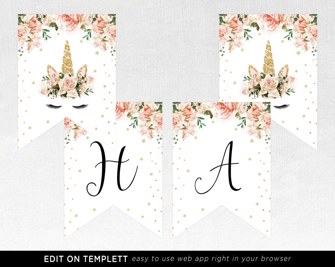Unicorn Banner Template, Printable Unicorn Themed Party Banner, Gold ...