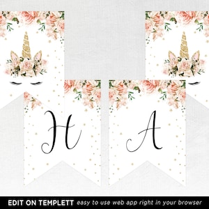 Unicorn Banner Template, Printable Unicorn Themed Party Banner, Gold ...