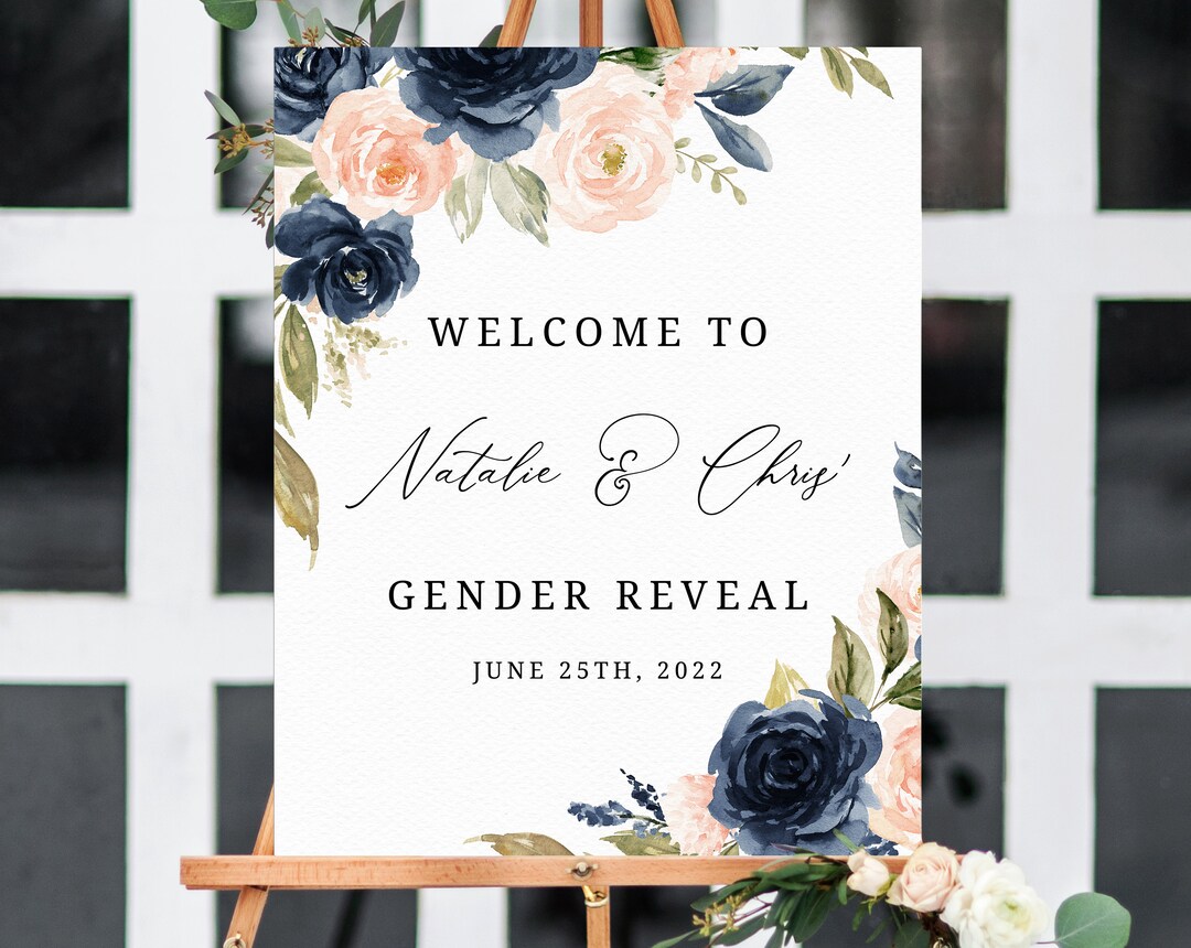 Gender Reveal Welcome Sign Template, Printable Watercolor Navy Blue and ...