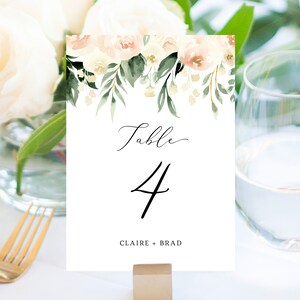 Peach Floral Wedding Table Number Template, Printable Blush Flower ...