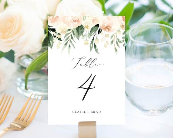 Peach Floral Wedding Table Number Template Printable Blush | Etsy