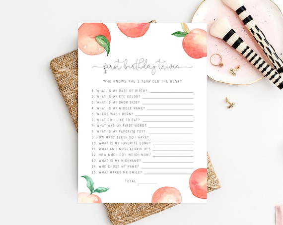 Peach 1st Birthday Trivia Game Template Printable Peach - Etsy