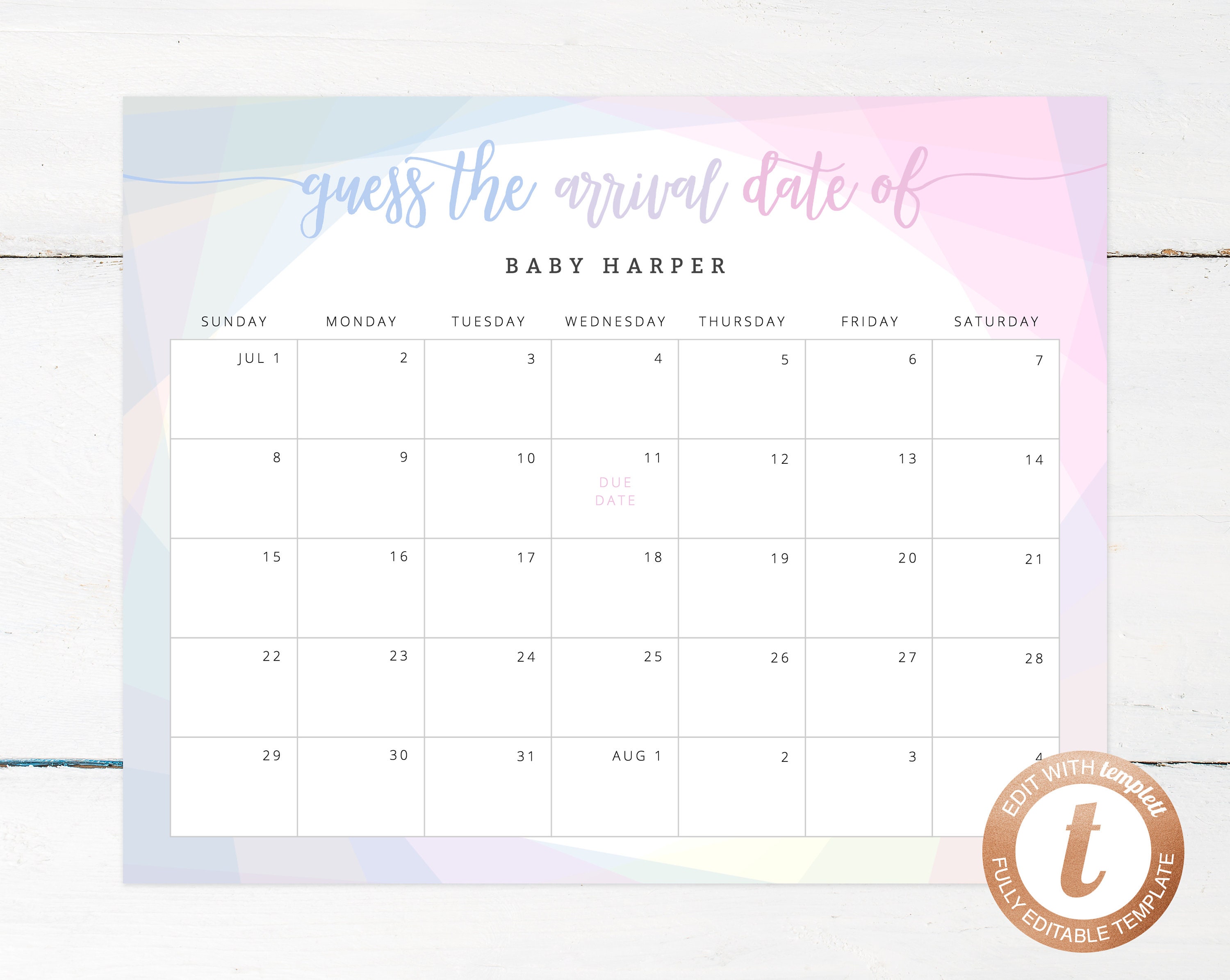 Due Date Calendar Template Baby Shower Calendar Baby Due Etsy Norway
