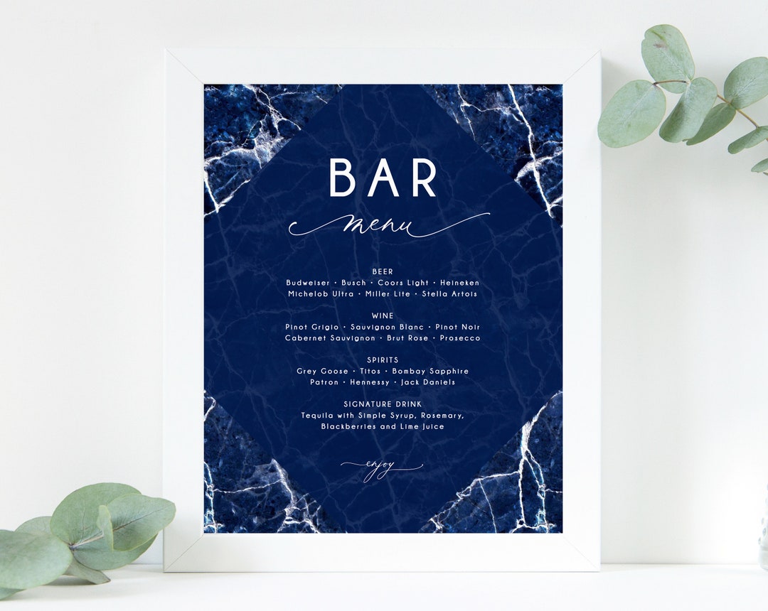 Navy Marble Bar Menu Sign, Wedding Bar Sign, Wedding Bar Menu Printable ...