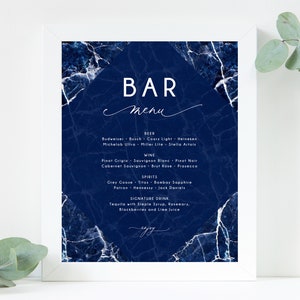 Navy Marble Bar Menu Sign, Wedding Bar Sign, Wedding Bar Menu Printable ...