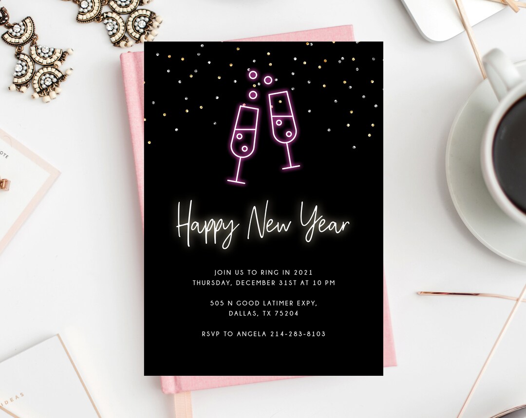 New Years Eve Party Invitation Template, Neon New Years Invitation ...