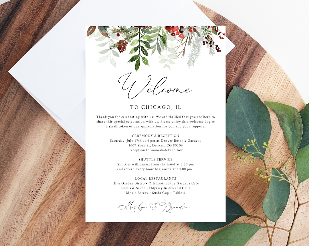 Welcome Letter Template, Christmas Wedding Itinerary Card, Welcome Bag ...