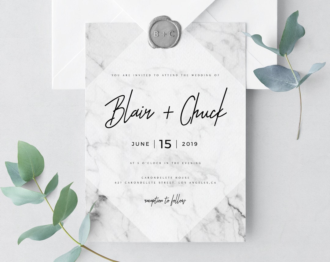 Marble Wedding Invitation Template, Printable Wedding Invitation Suite ...