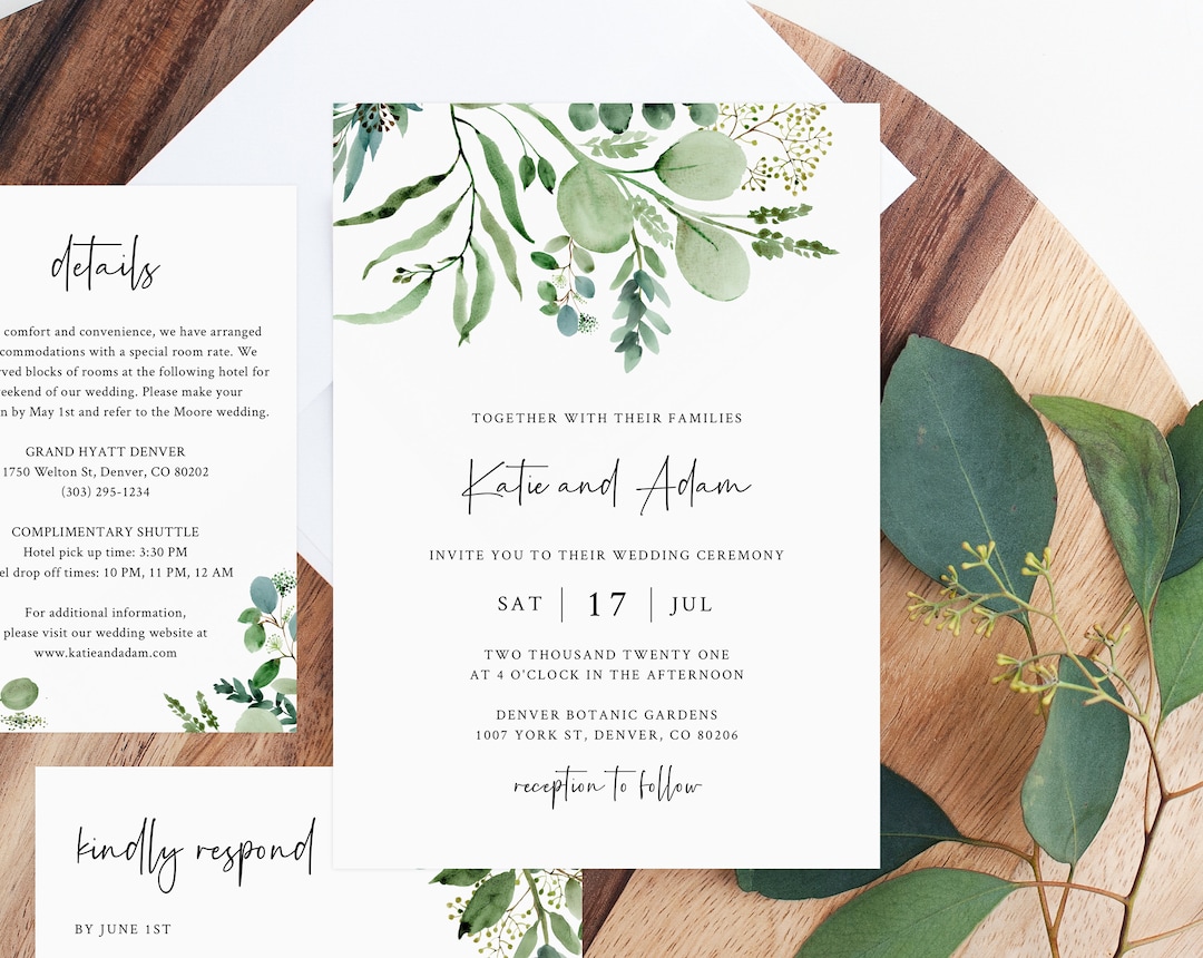 Greenery Wedding Invitation Template, Printable Wedding Invitation Set ...