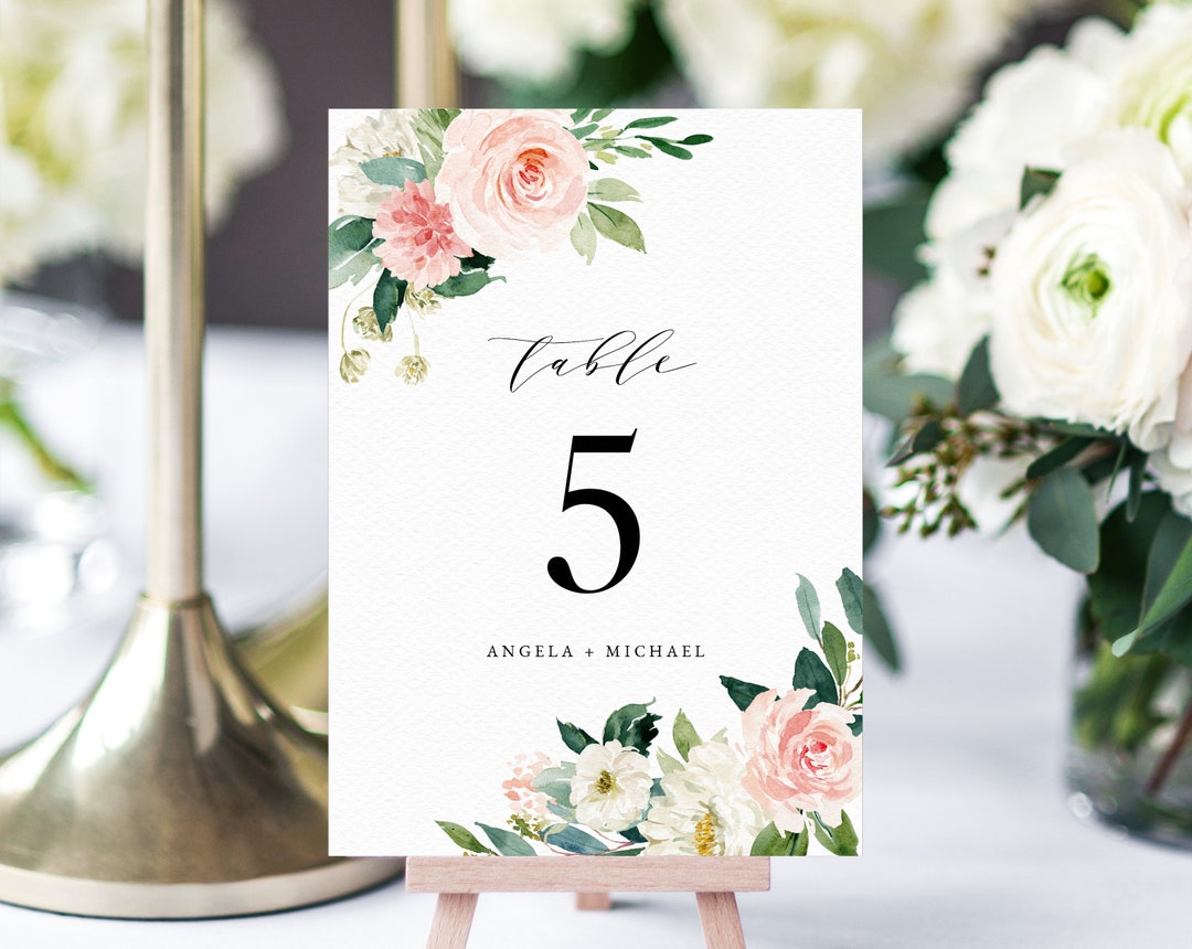 Blush Floral Wedding Table Number Template, Printable Blush Flower ...