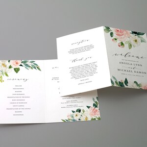 Bi-fold Blush Floral Wedding Program Template, Printable Folded Wedding Program Booklet ...
