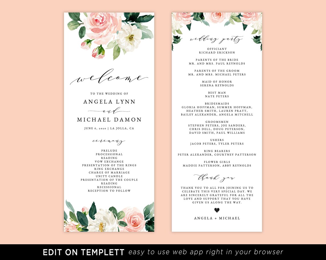 Floral Wedding Program Template Printable Wedding Program | Etsy