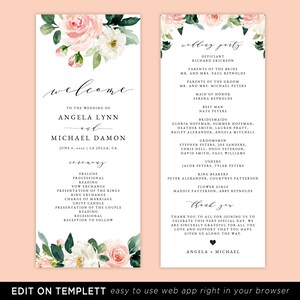 Floral Wedding Program Template, Printable Wedding Program, Blush ...