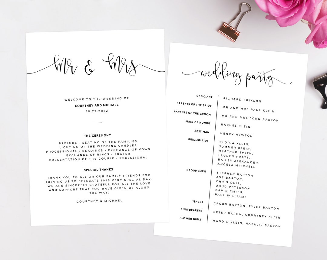 Mr & Mrs Wedding Program Template, Printable Wedding Program, Simple ...