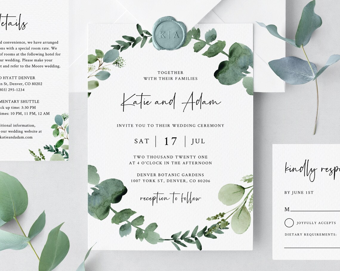Greenery Wedding Invitation Template Printable Wedding - Etsy