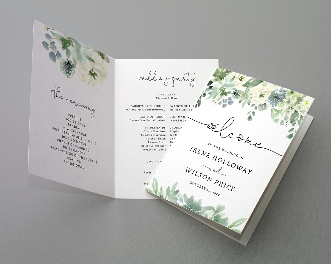 Bi-fold Succulent Greenery Wedding Program Template Printable | Etsy