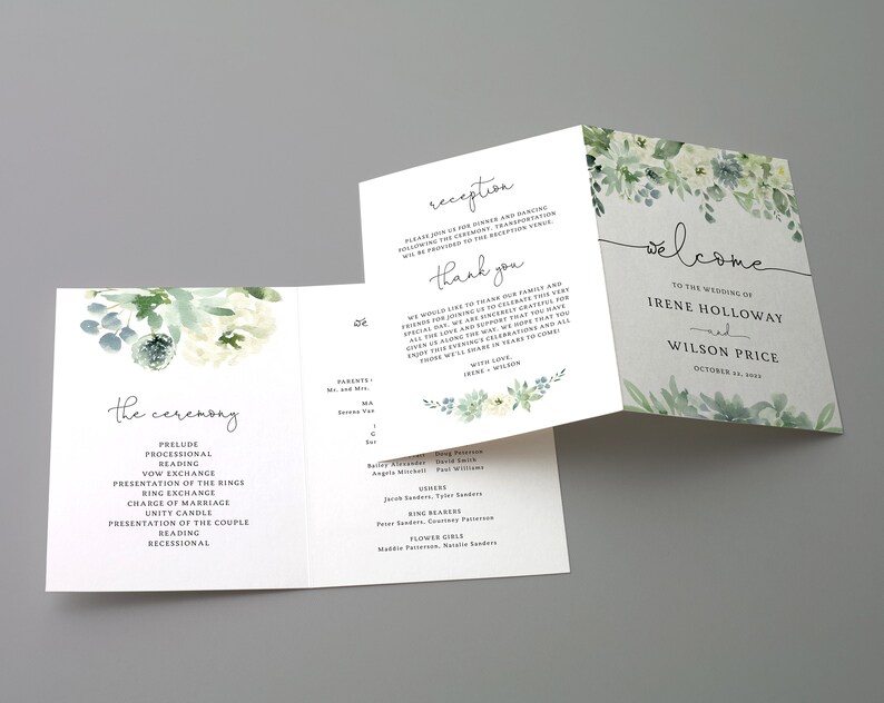 Bi-fold Succulent Greenery Wedding Program Template Printable | Etsy