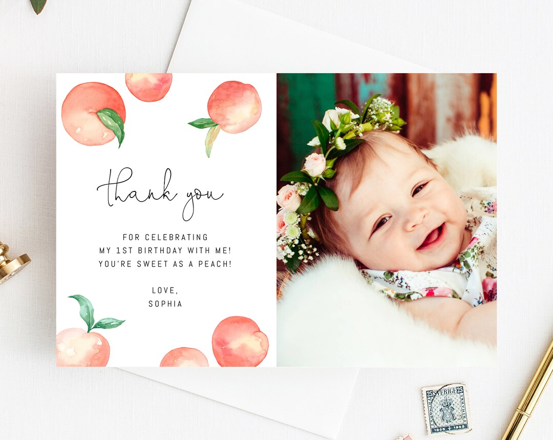 Peach Thank You Card Template, Peach Birthday Thank You Photo Card ...