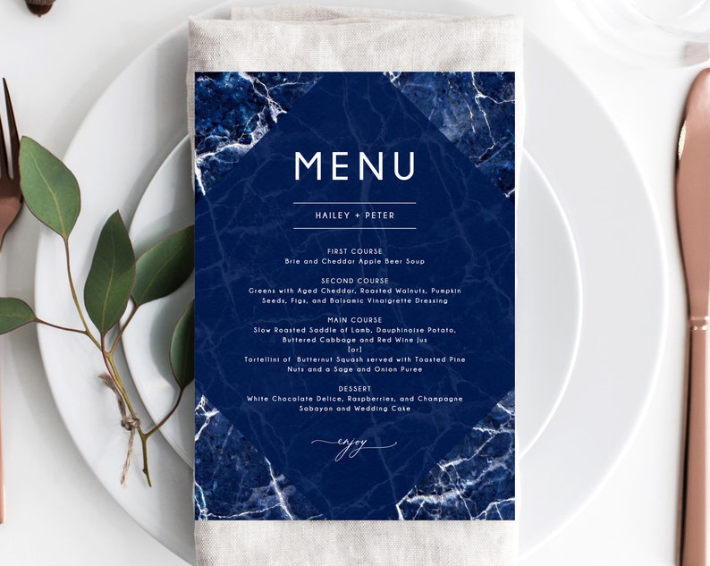 Navy Marble Wedding Menu Template Printable Wedding Menu | Etsy