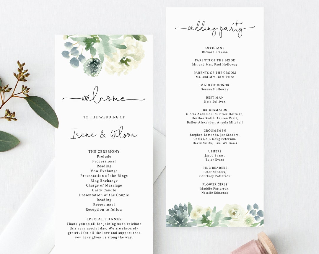 Succulent Wedding Program Template, Printable Wedding Program, Order of Service, Editable ...