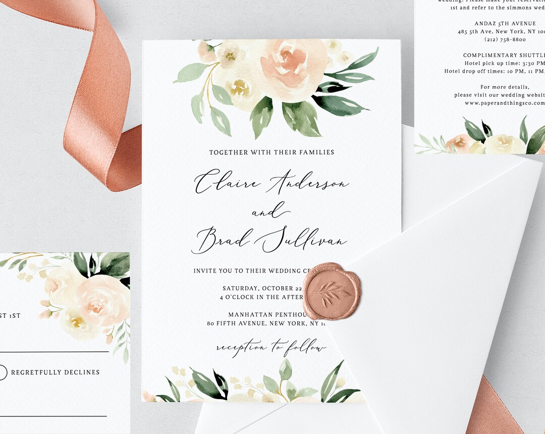 Blush & Ivory Floral Wedding Invitation Template, Printable Wedding ...