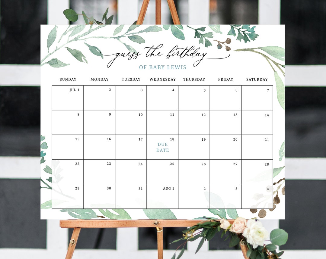 Greenery Due Date Calendar Template, Baby Shower Calendar, Baby Due ...