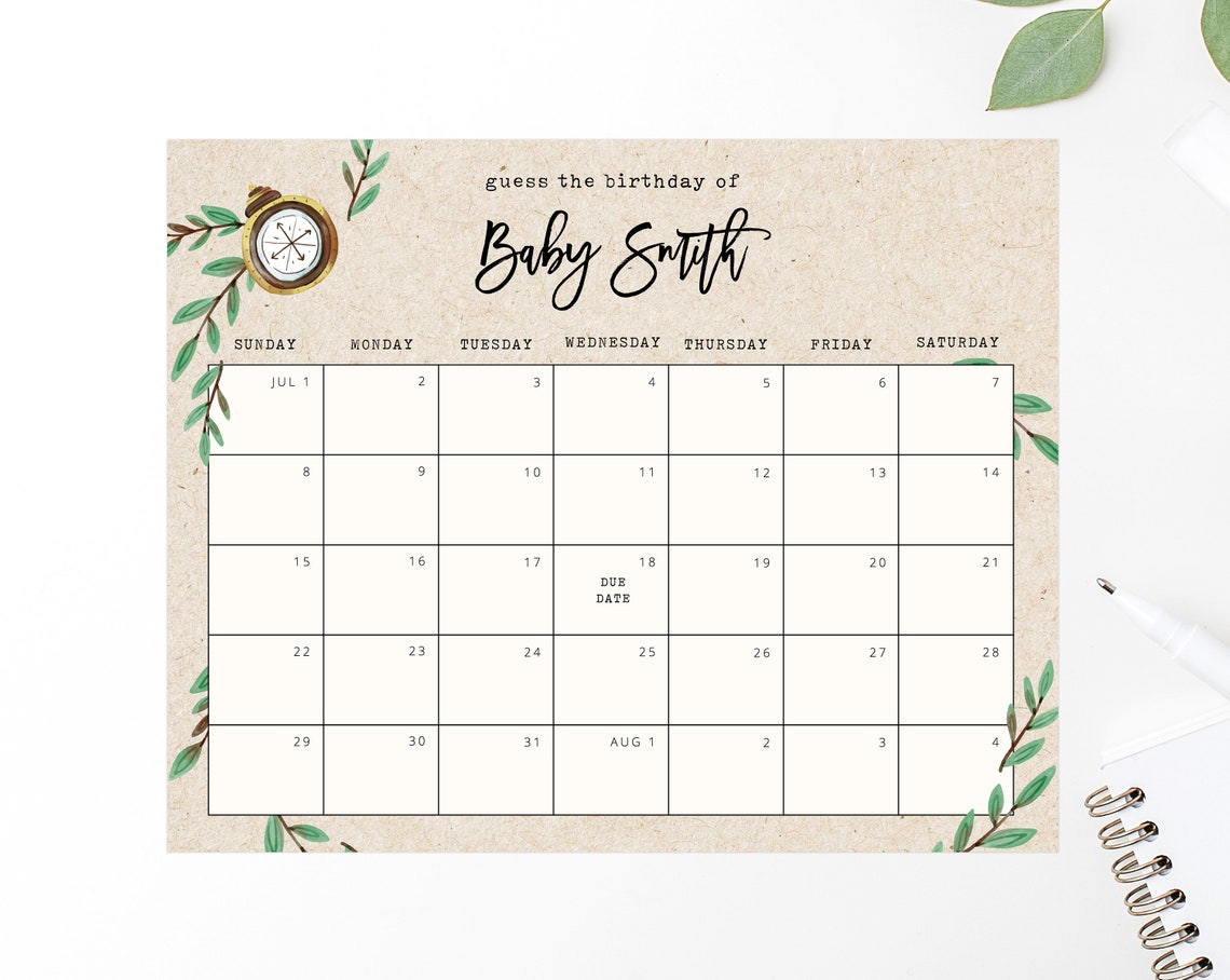 Due Date Calendar Template Adventure Awaits Baby Shower | Etsy
