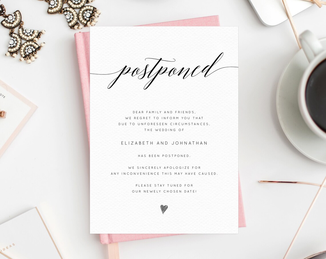 Postponed Wedding Announcement, Printable Wedding Postponement ...