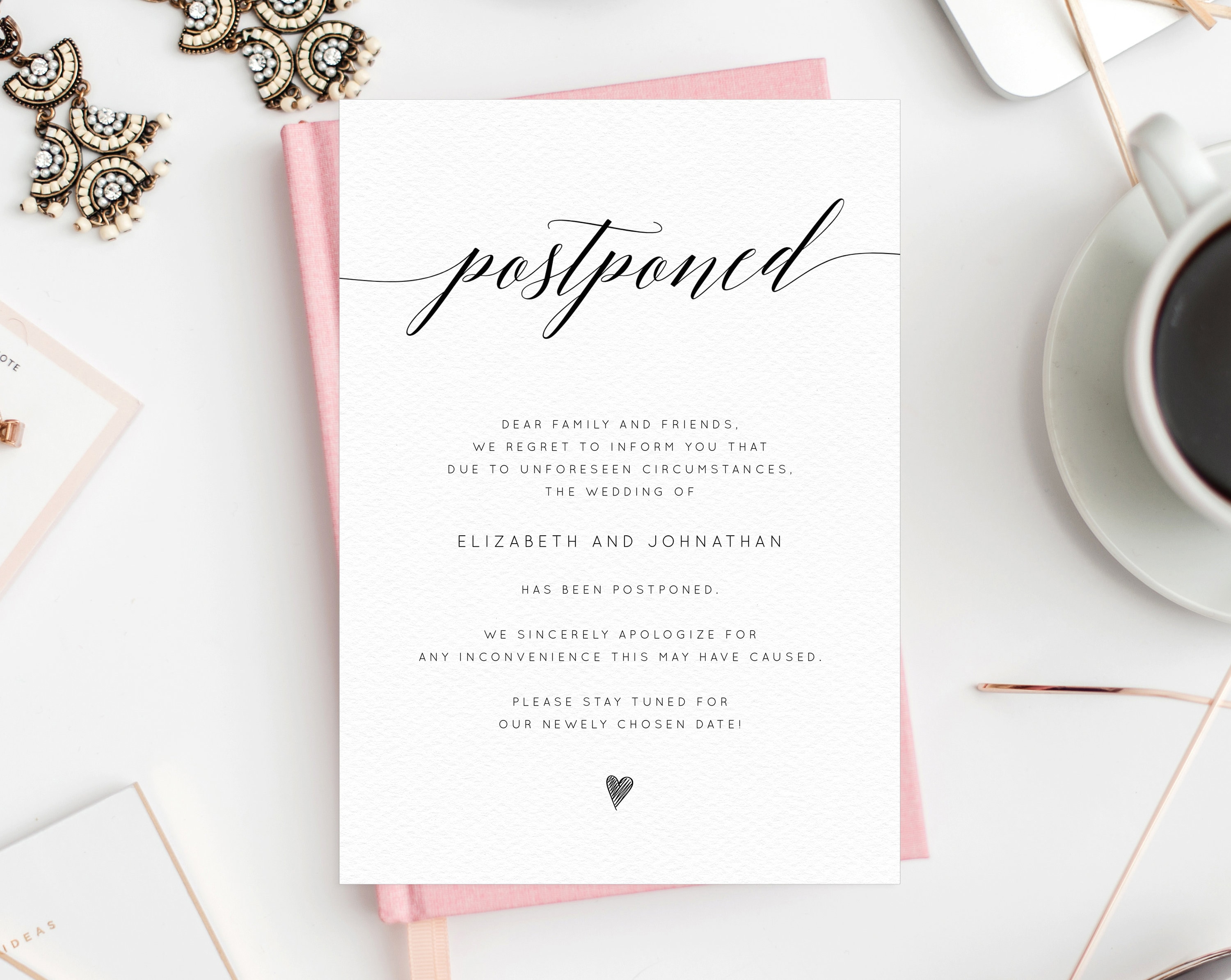 Postponed Wedding Announcement, Printable Wedding Postponement ...