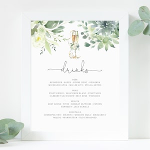 Succulent Greenery Bar Menu Sign, Succulent Wedding Bar Sign Printable ...