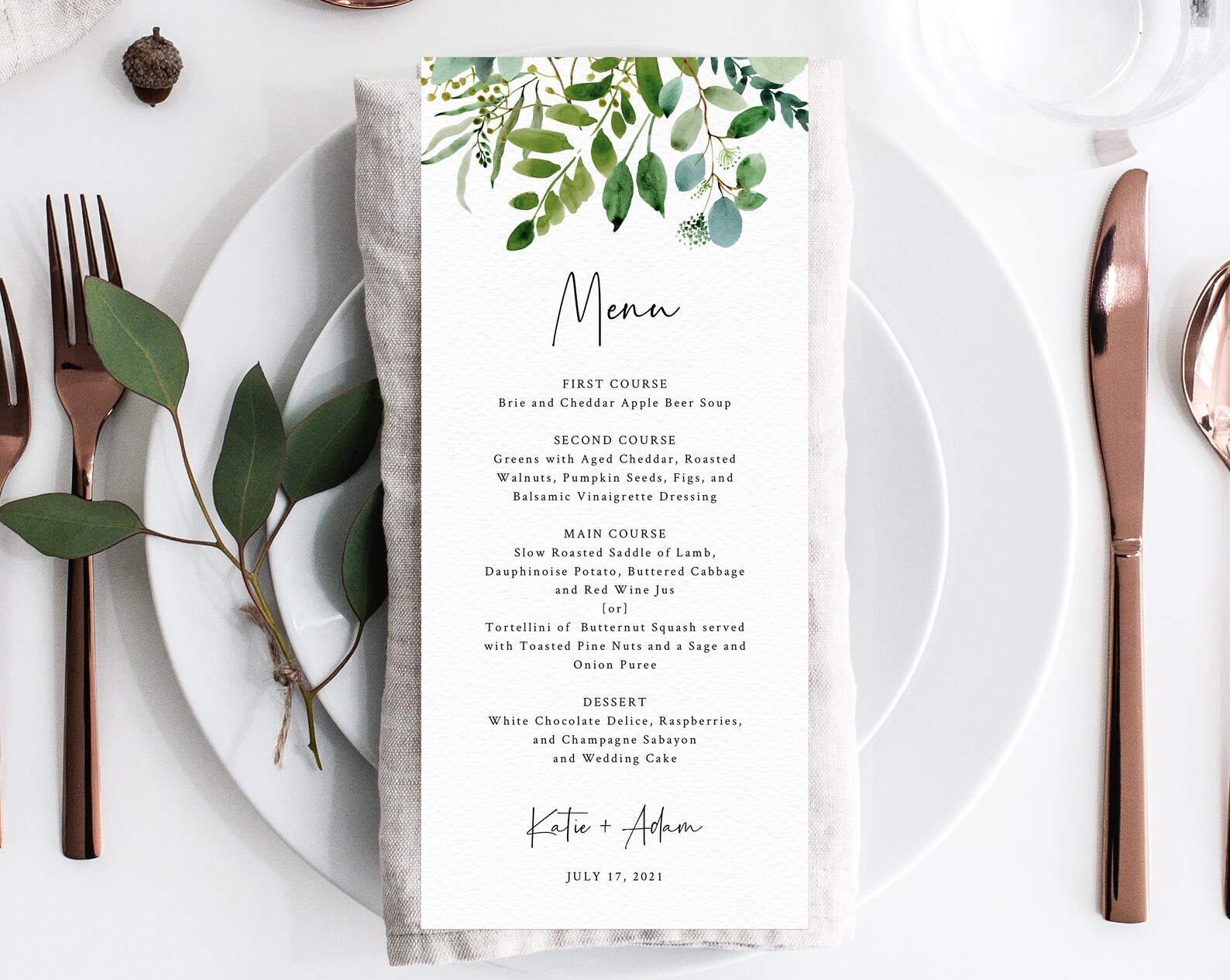 Greenery Wedding Menu Template, Printable Wedding Dinner Menu ...