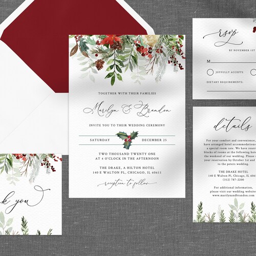 Winter Wedding Invitation Set Editable Templates Christmas - Etsy