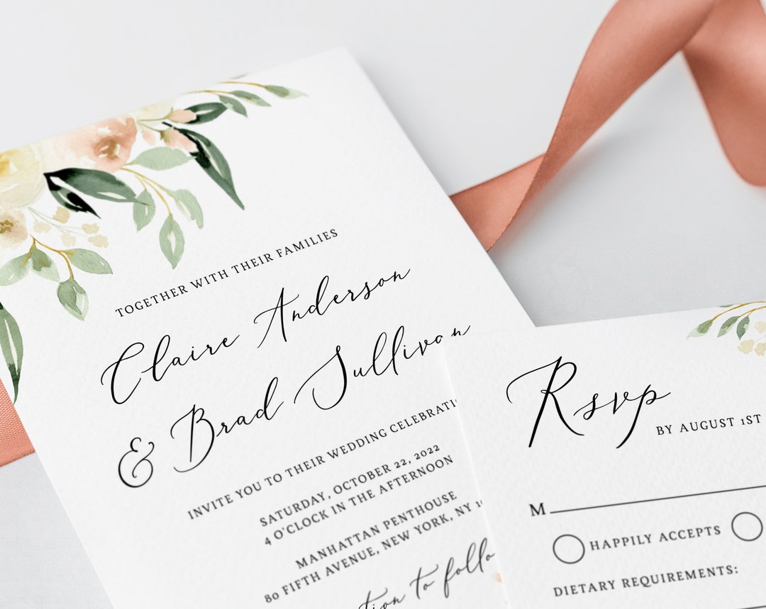 Blush & Ivory Floral Wedding Invitation Template, Printable Wedding ...