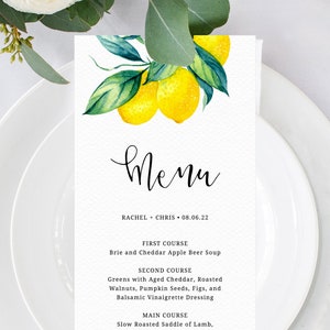 Lemon Wedding Menu Template, Printable Menu, Editable Wedding Menu ...